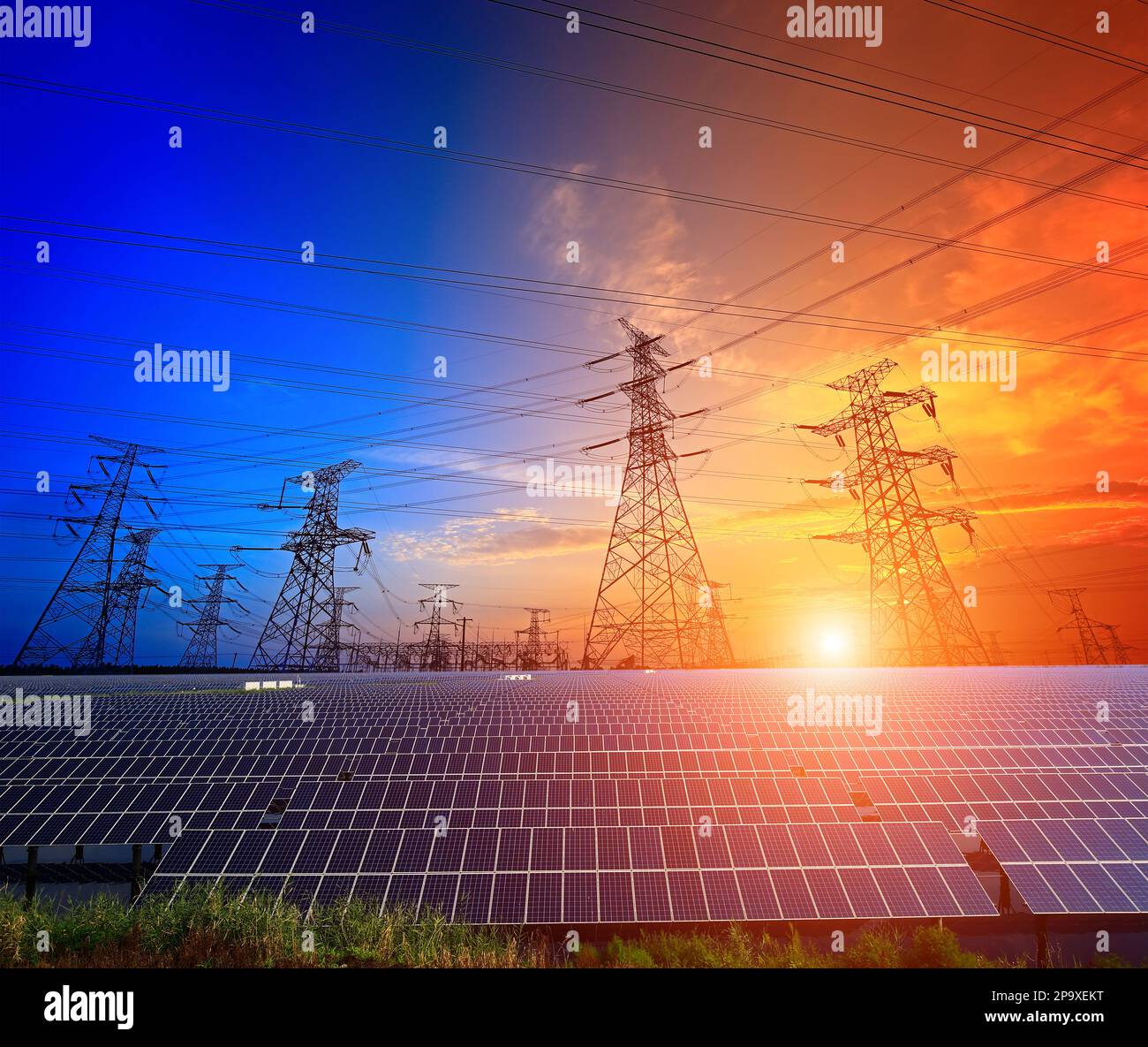 Solar panels and pylon Stock Photo - Alamy