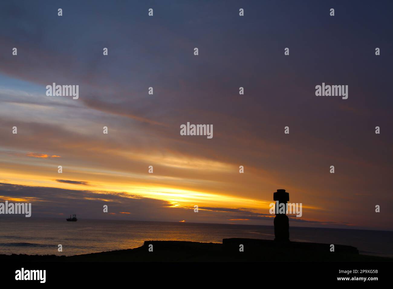Sunset on Easter Island, with the Moai Ahu Ko Te Riku in the foreground ...