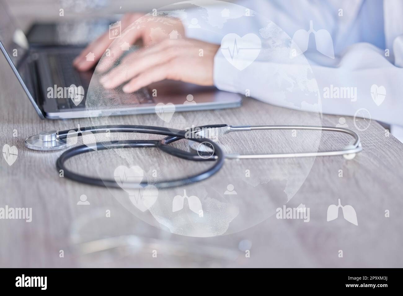 Doctor, hands and laptop with stethoscope in double exposure or global ...