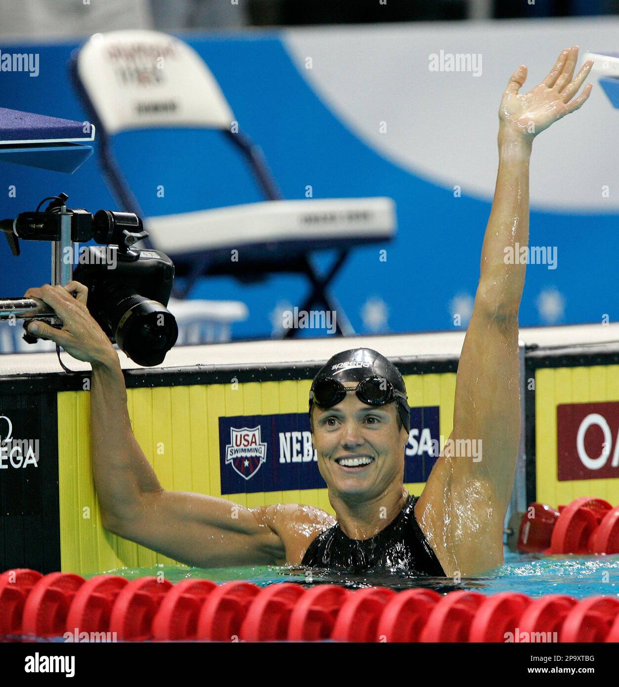Dara Torres celebrates victory and her US record time of 24.25 in the ...
