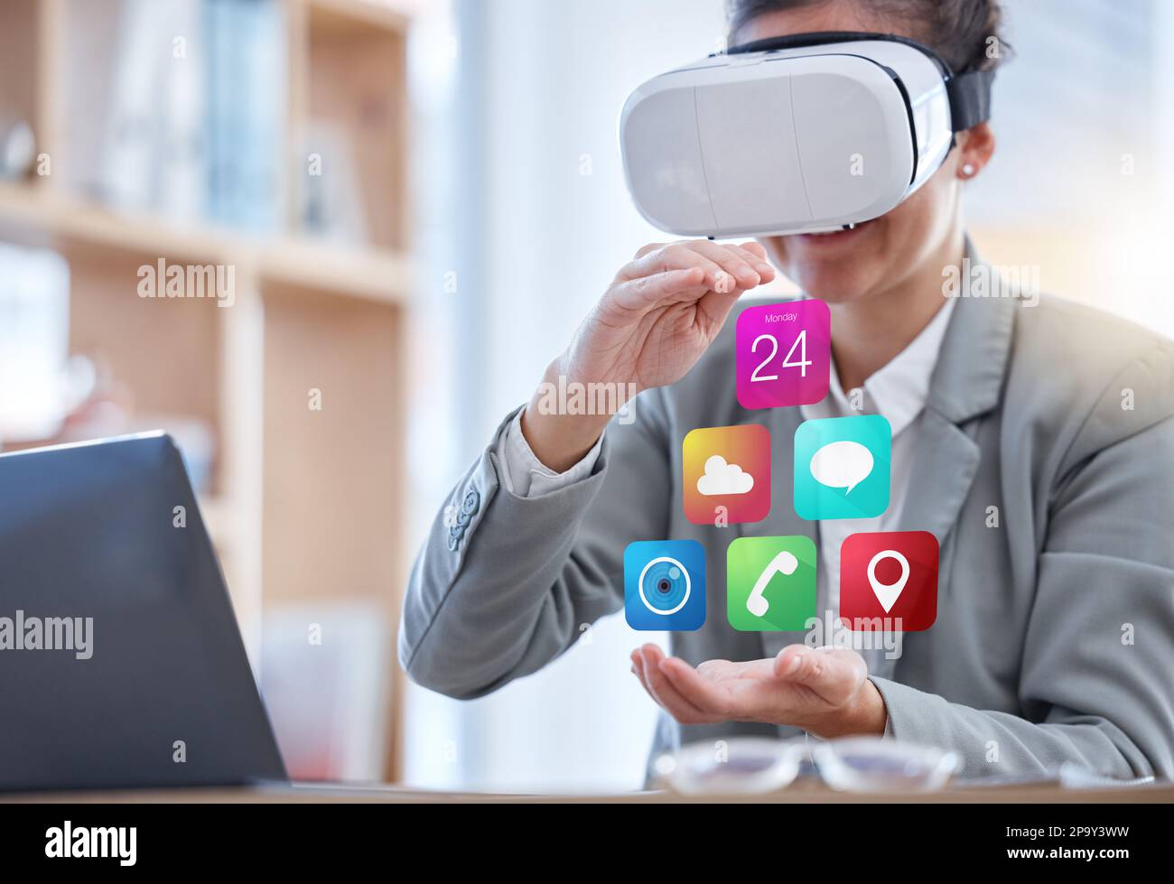 VR, interface hologram and woman in office futuristic software, application icons and cyberpunk ...