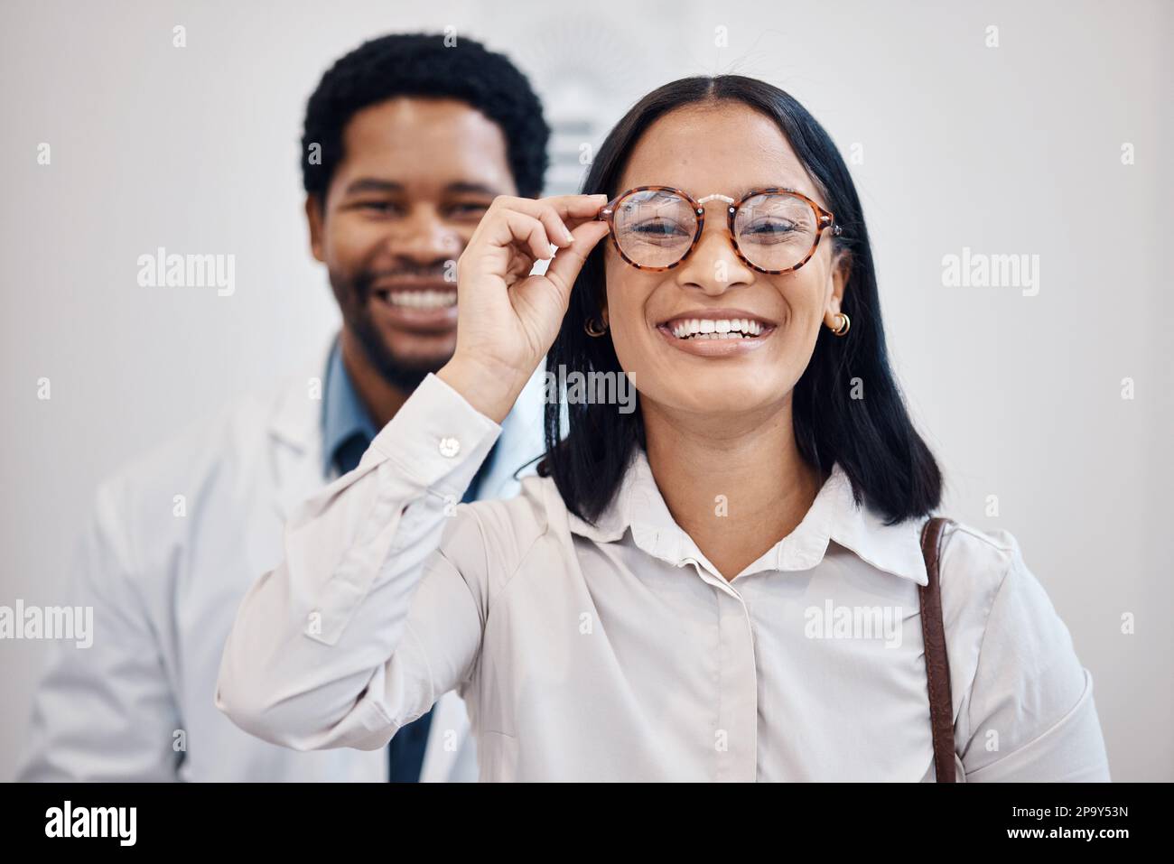 Optometrist, client and glasses portrait for vision, mirror pov and ...