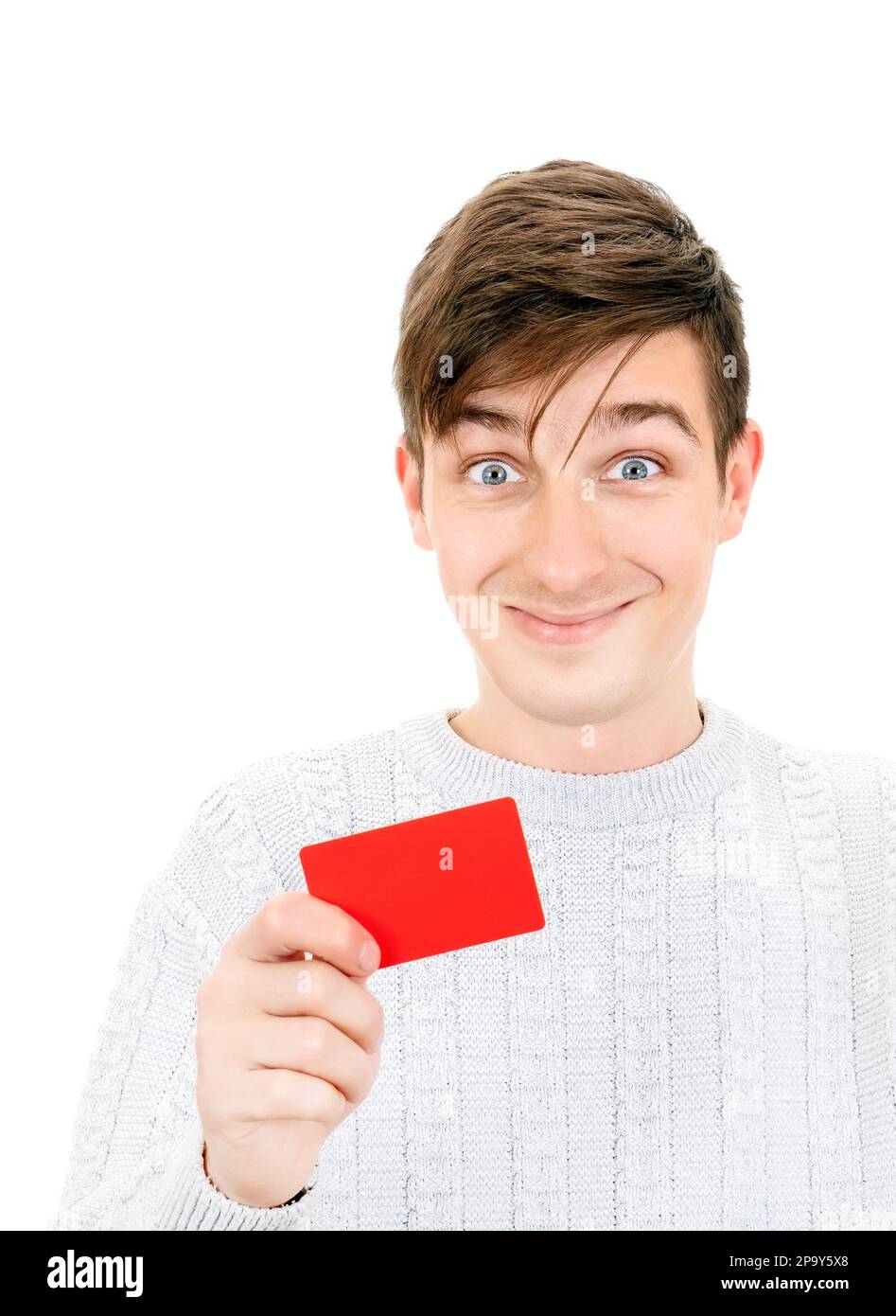 Happy Young Man show Empty Bank Card Isolated on the White Background ...