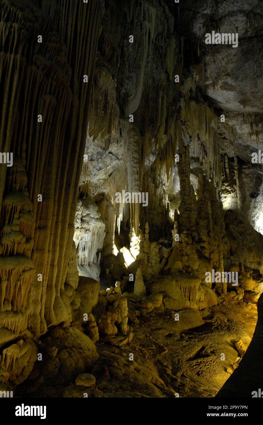 Stalactites are seen hanging in the upper cave of the Jeita Grotto ...