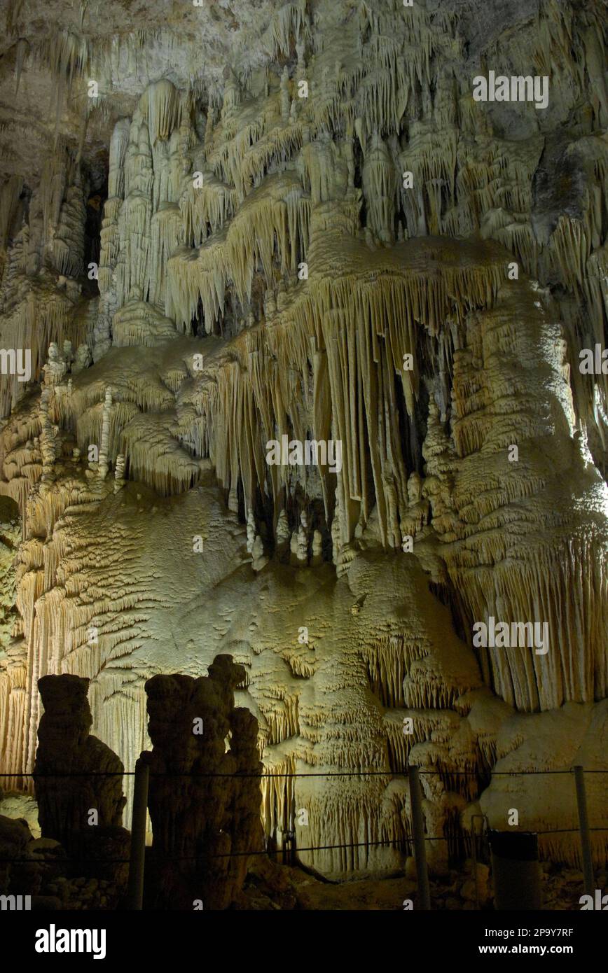 Stalactites are seen hanging in the upper cave of the Jeita Grotto ...