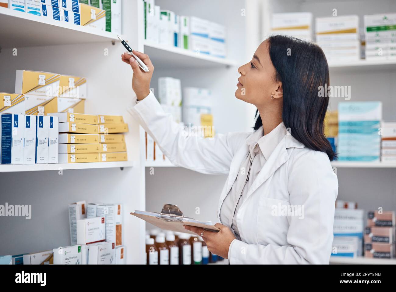 Pharmacy inventory check, Indian woman and checklist of medicine and ...