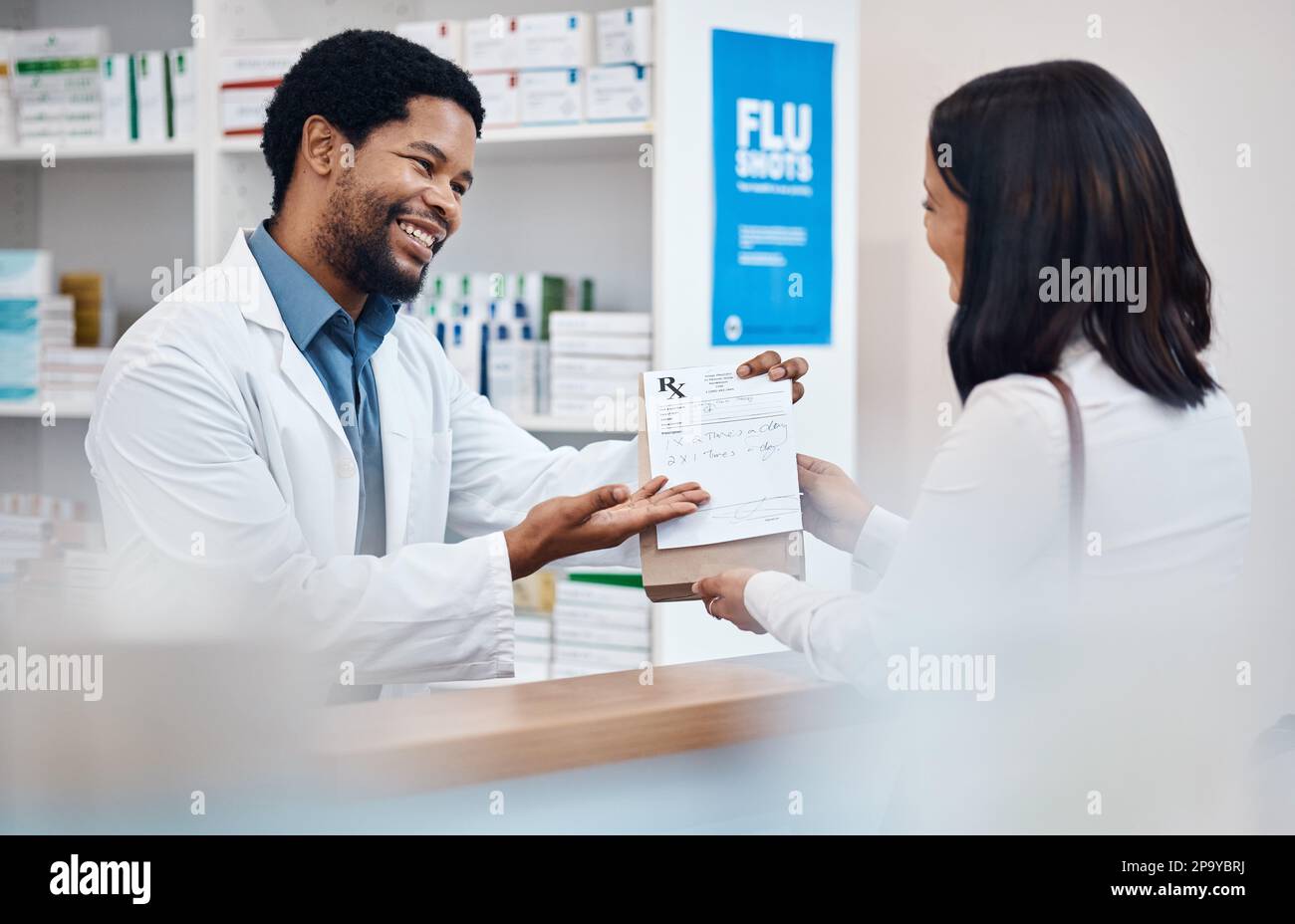 Pharmacy, counter and pharmacist with medicine for customer for ...