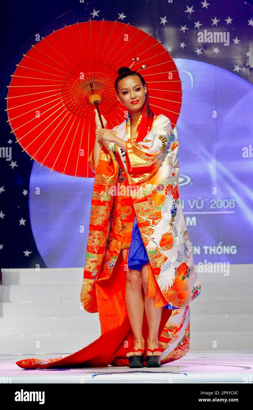 Hiroko Mima, Miss Japan 2008, shows her costume during the National ...