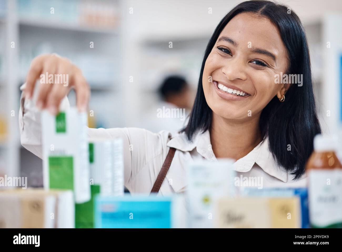 Pharmacy portrait, happy woman and customer shopping for medicine, supplements product or drugs ...