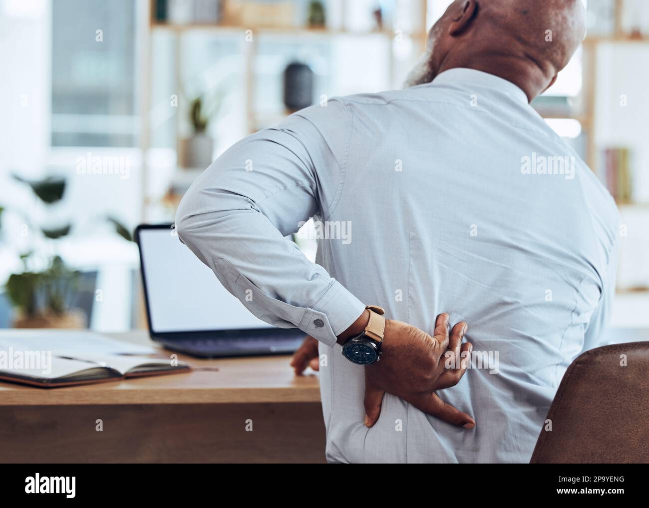 Back, pain and business stress of black man with muscle injury, health ...
