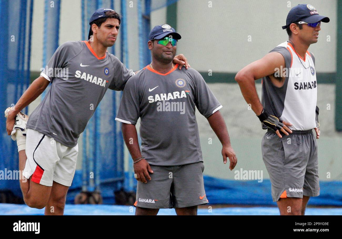 Indian cricketers Ashish Nehra, left, Romesh Pawar, center, and Rahul ...