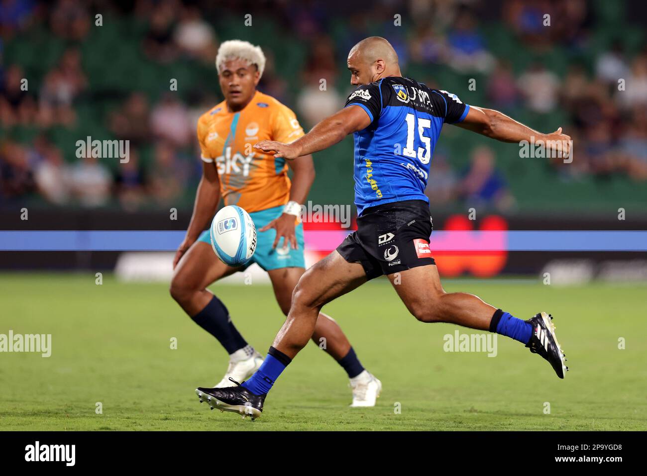 Chase Tiatia of the Force kicks the ball during the Super Rugby Pacific ...