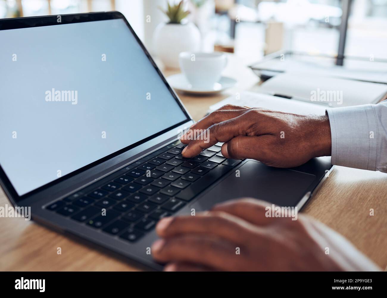 Laptop mockup, man and hands on keyboard, marketing media space or ...