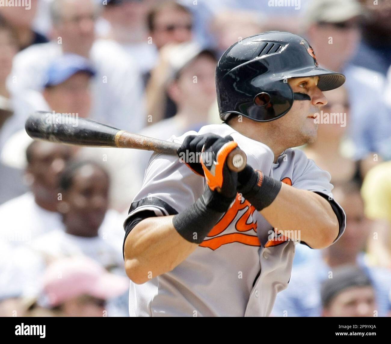 Baltimore Orioles Brian Roberts doubles during the third inning of ...