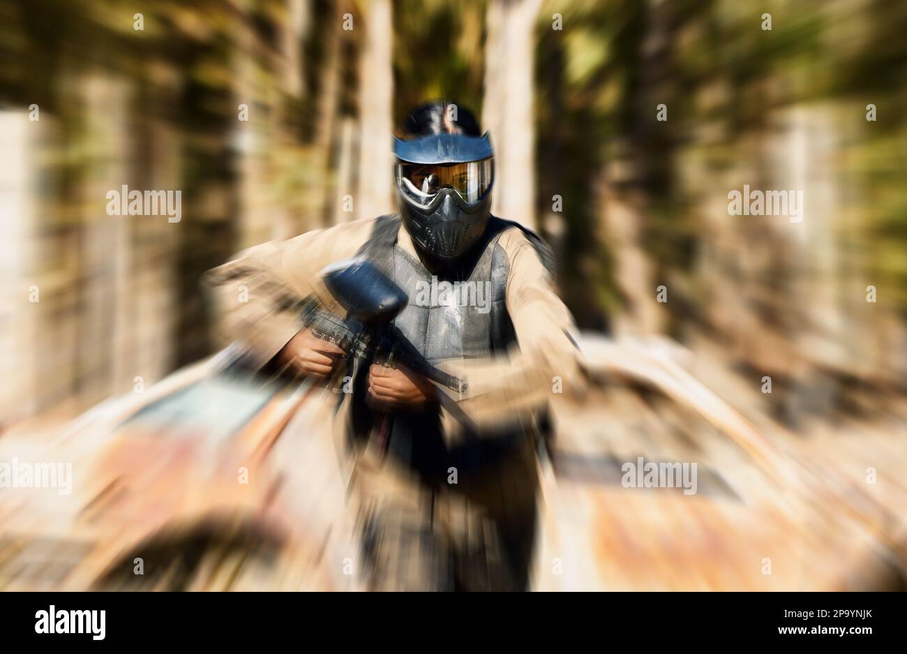 Soldier, paintball and running with gun for intense battle or war in ...