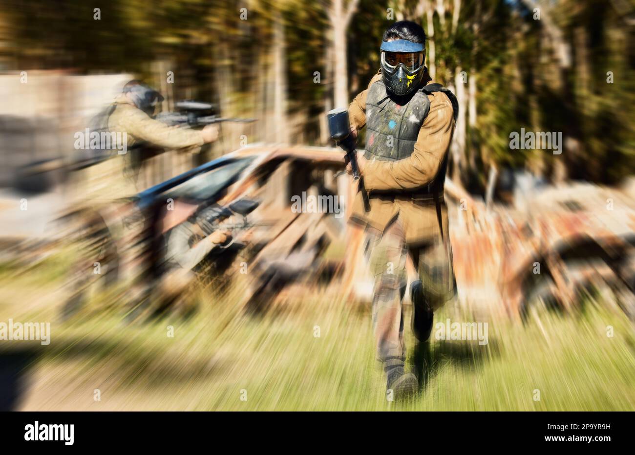 Soldier, paintball and running with gun for intense battle or war in ...