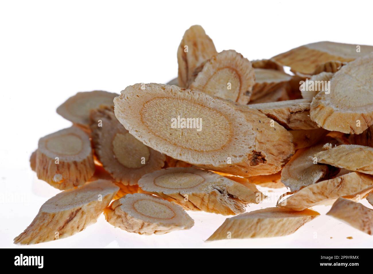 Chinese herbal medicine astragalus membranaceus on a white background ...