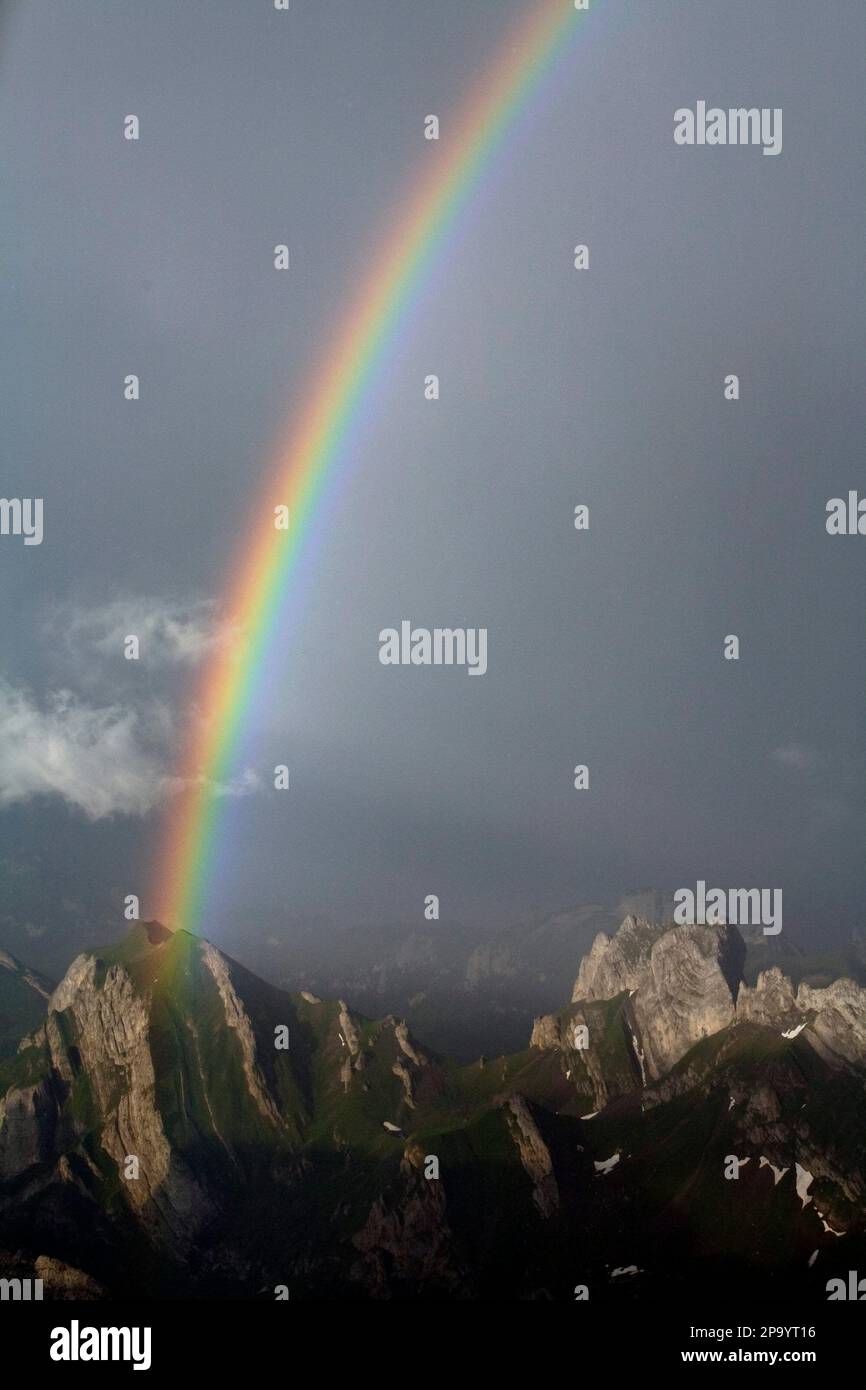 A huge rainbow appears in the sky on the Saentis Mountain, 2511 Meters ...