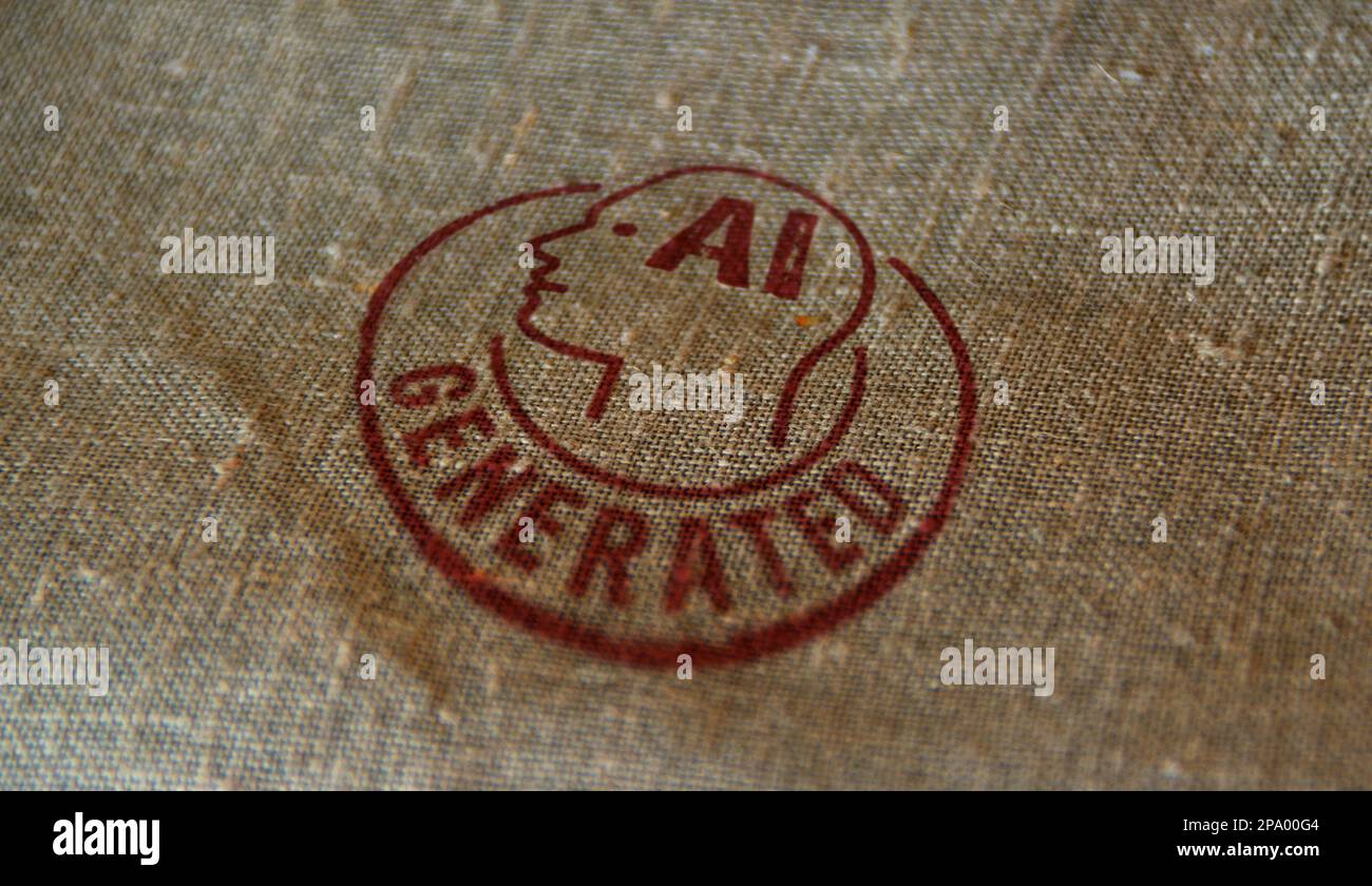 AI generated stamp printed on linen sack. Artificial intelligence ...