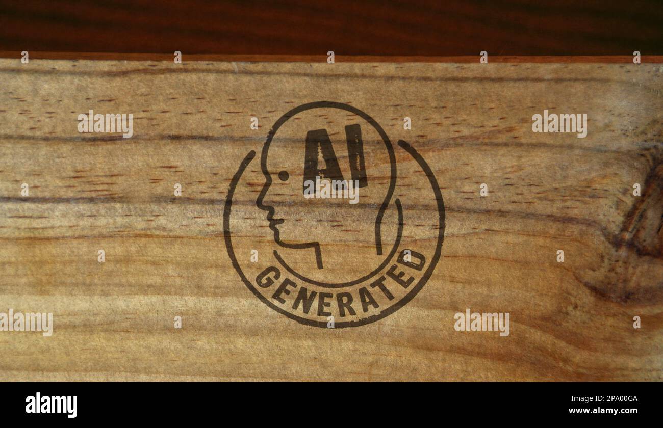 AI generated stamp printed on wooden box. Artificial intelligence ...