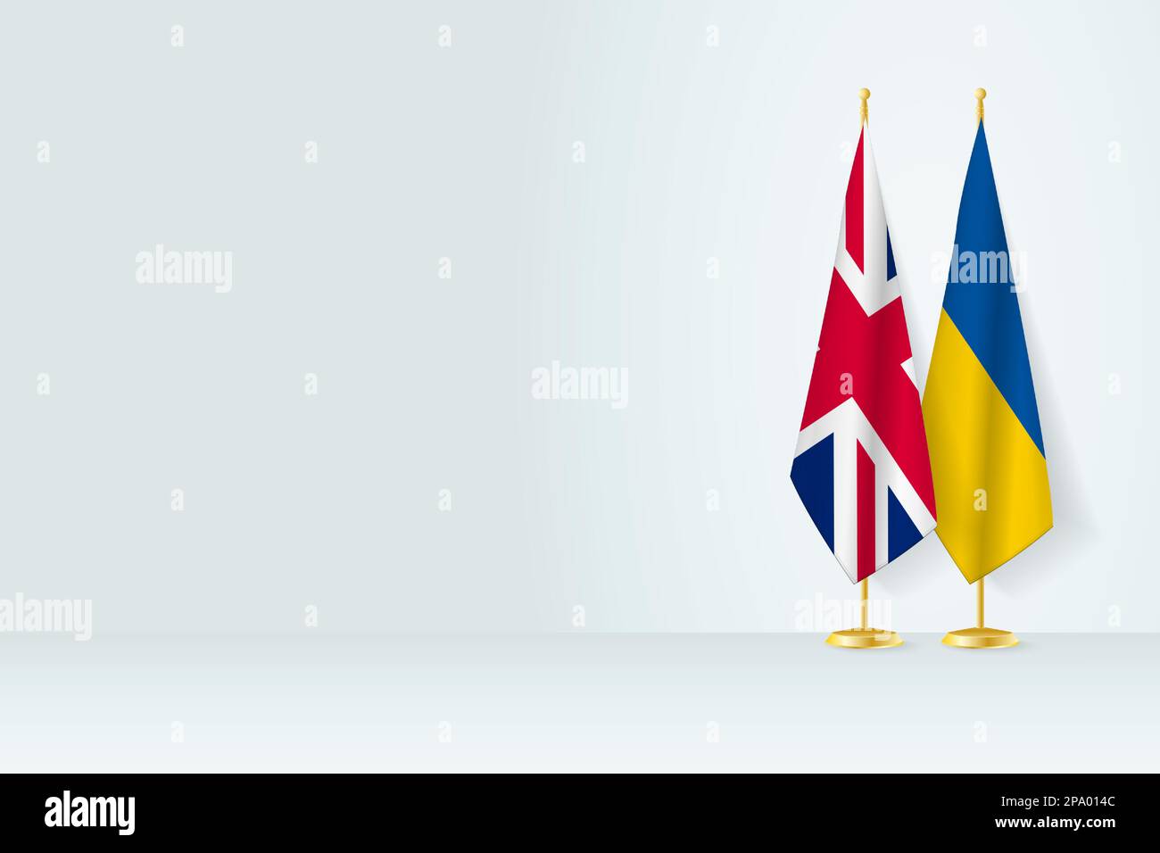 Flags of United Kingdom and Ukraine on flag stand, meeting between two ...