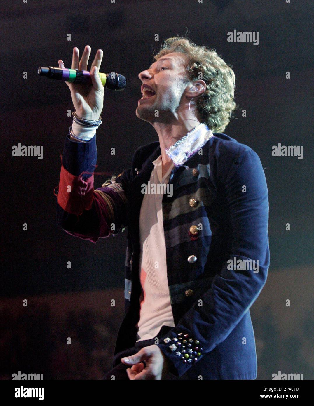 Chris Martin of the band "Coldplay" performs during a free concert for ...