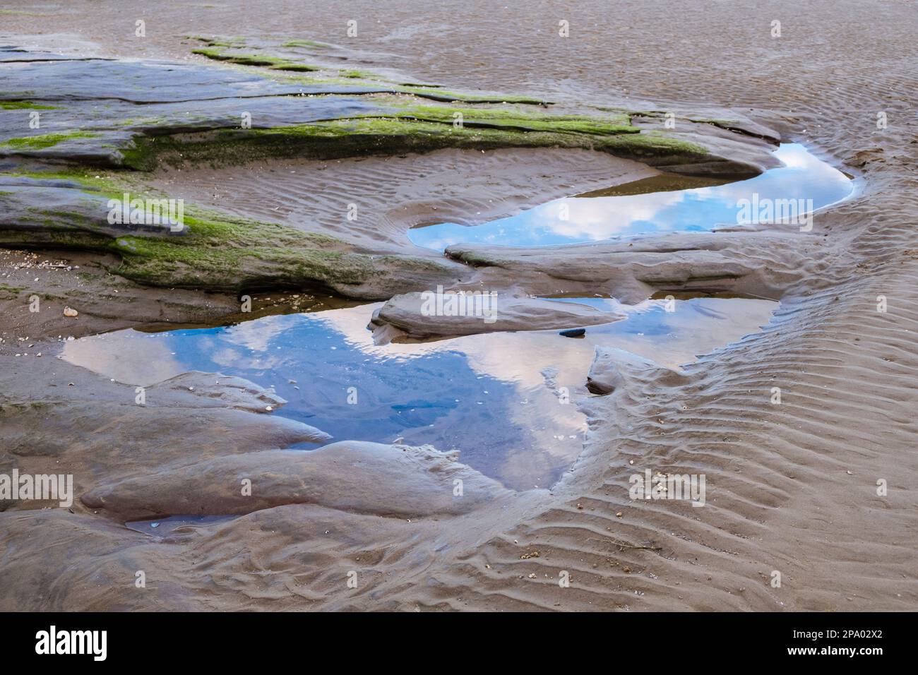 Sand patterns and tide pools in Dee Estuary at low tide. West Kirby ...