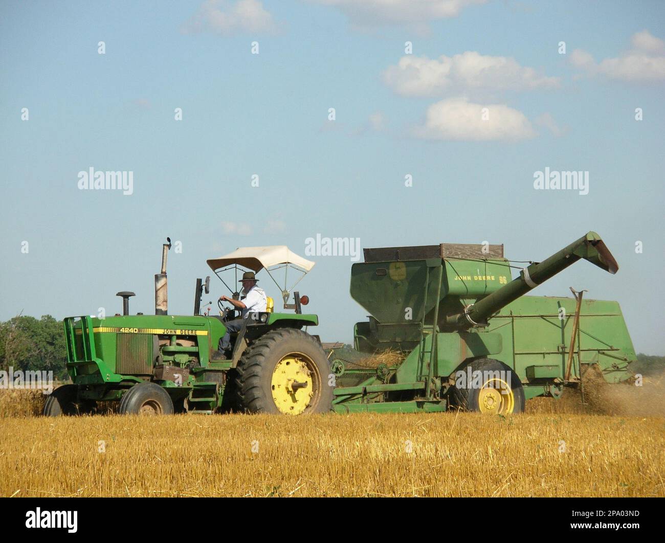 An Amish man cuts his wheat with a pull type combine Saturday, June 21 ...