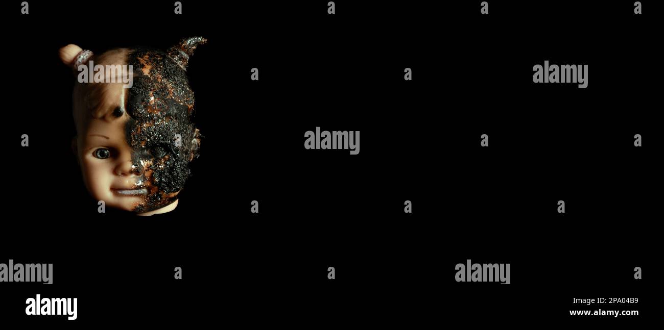 banner with scary Isolated spooky possessed baby girl doll head creepy ...