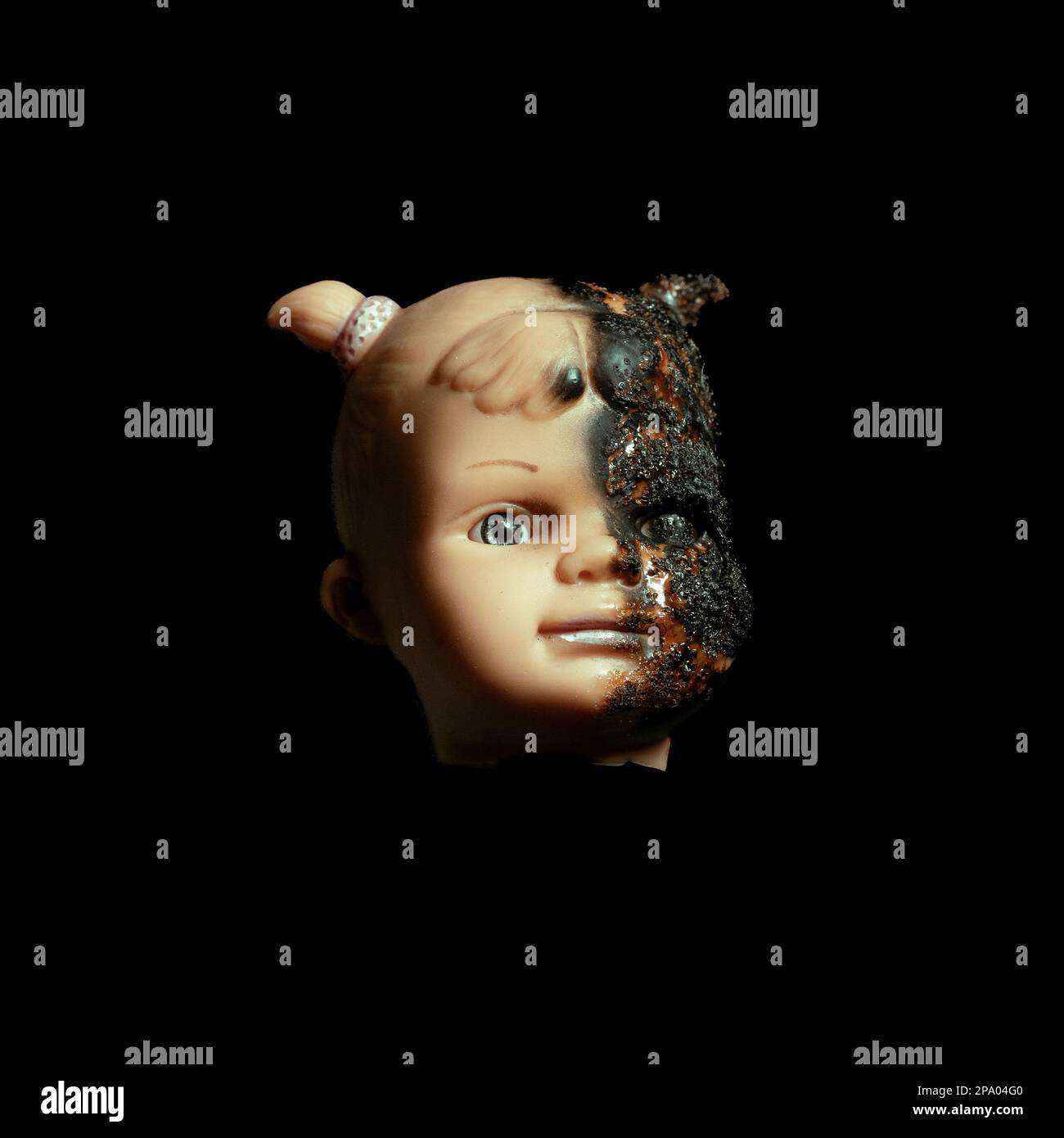scary Isolated spooky possessed baby girl doll head creepy burnt face ...