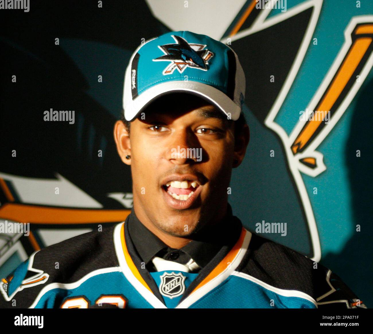 Julien Demers, of Ottawa, speaks after being selected by the San Jose ...