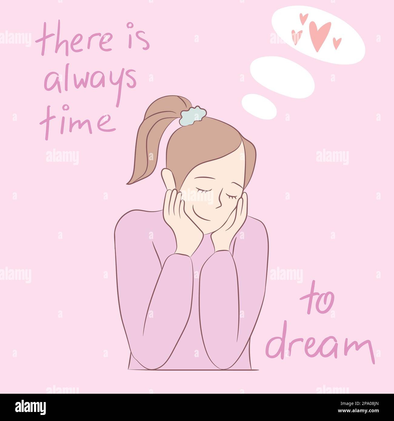 Hand drawn girl on pink background is dreams of love. Simple sketch in ...