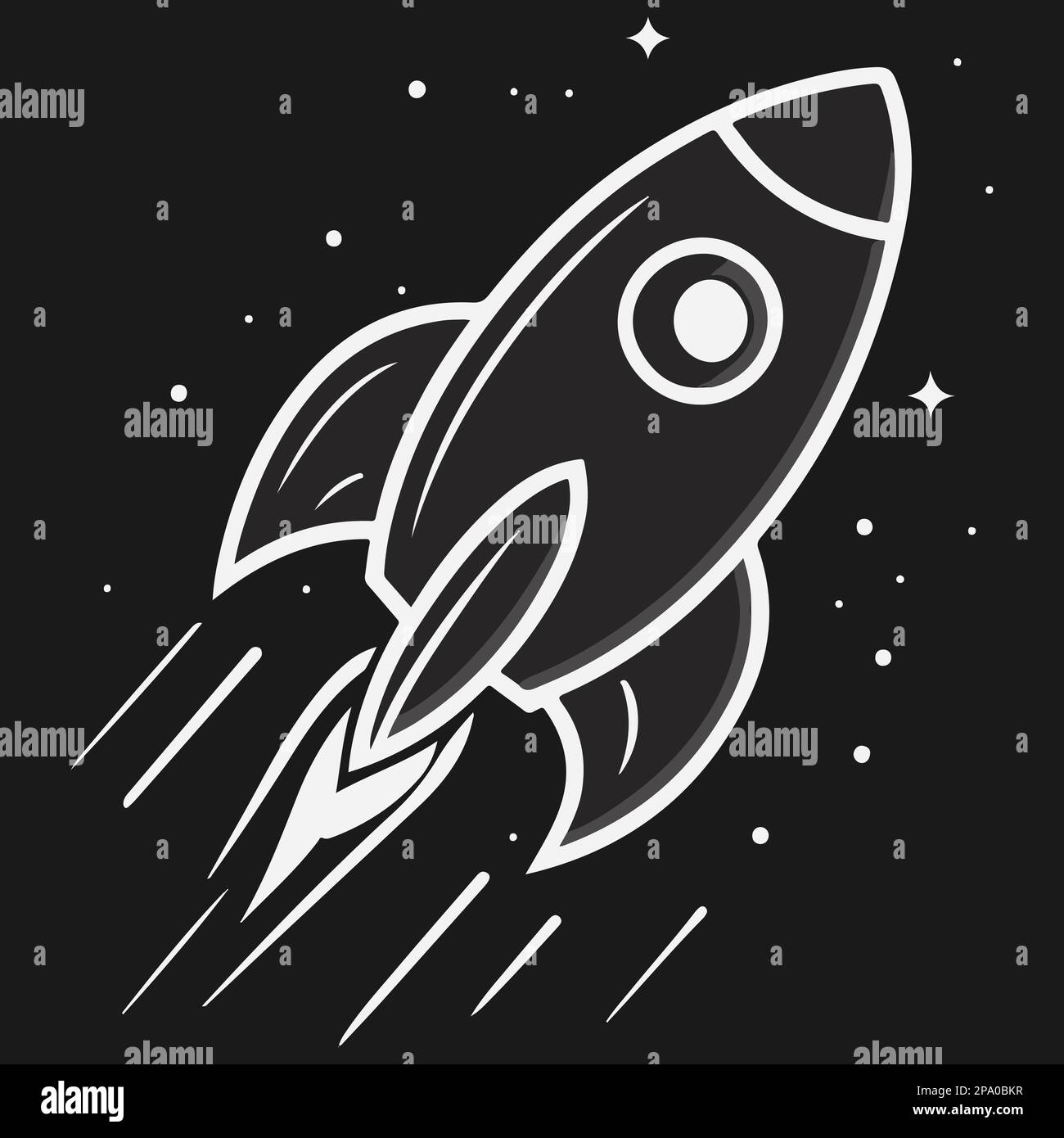 Outline rocket ship with fire. Isolated on white. Flat line icon ...