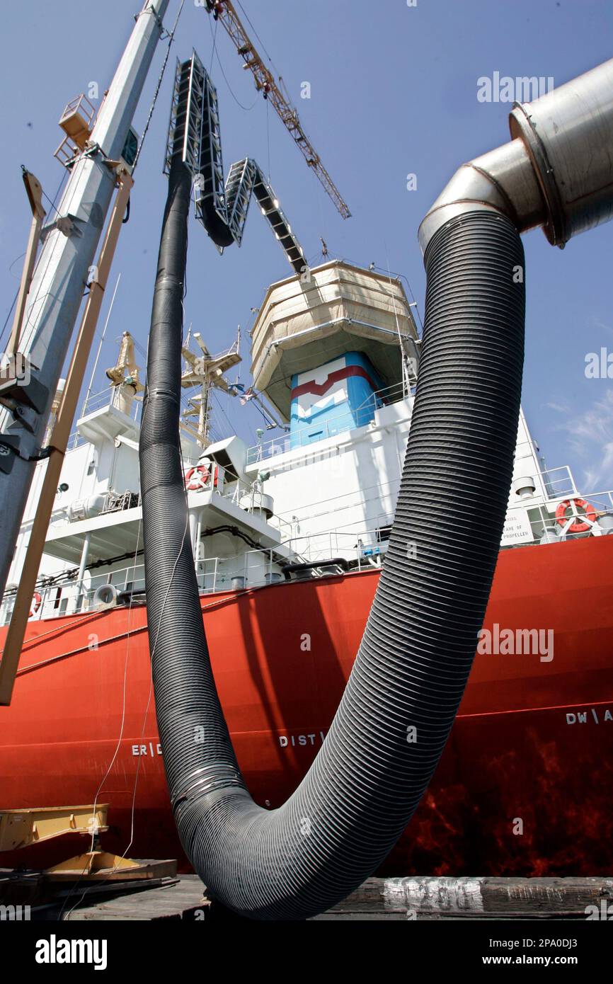 A large 'bonnet" is seen over the funnel of a ship during a ...
