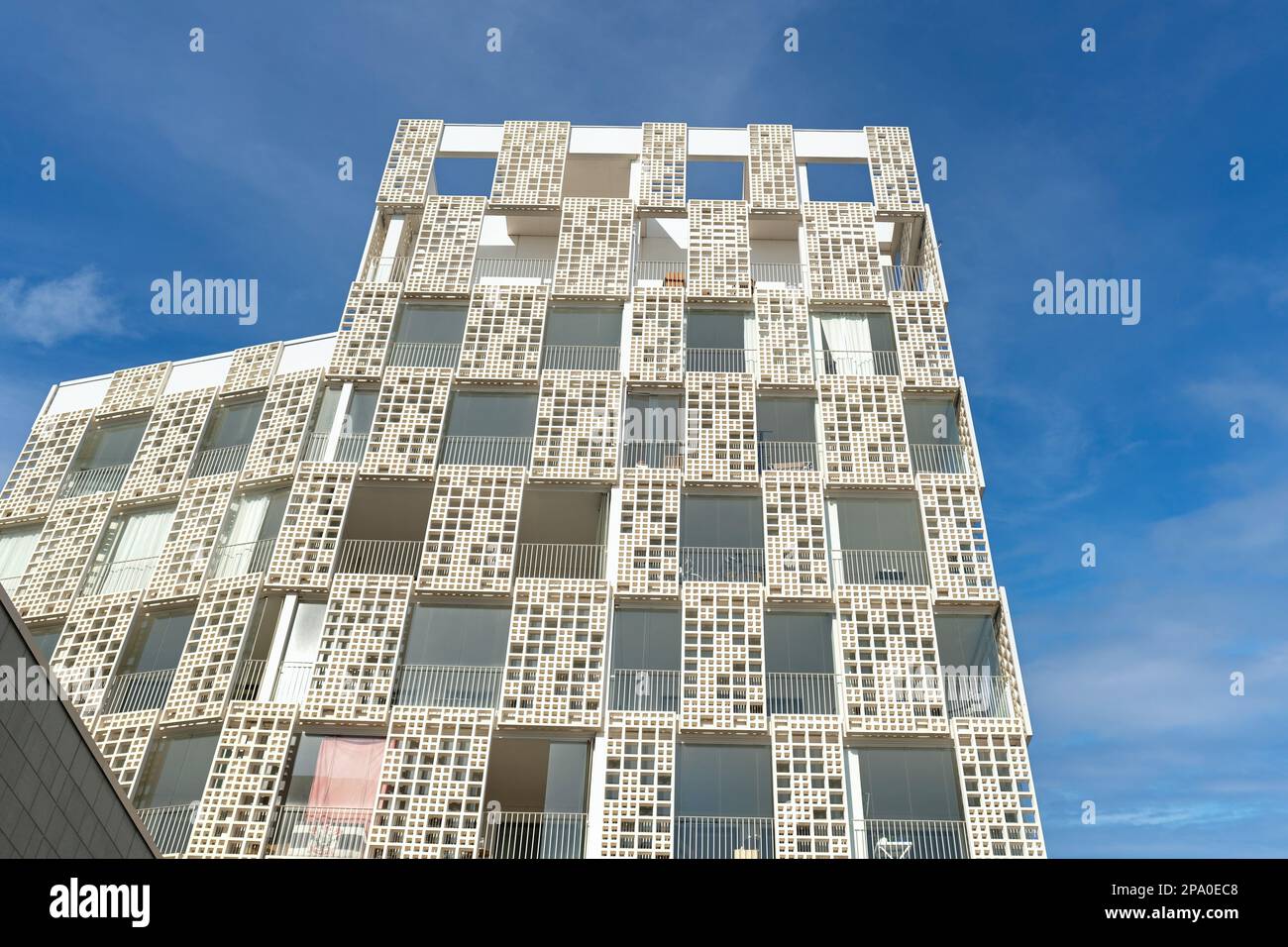 Exterior of modern white openwork house. Architectural detail of close ...