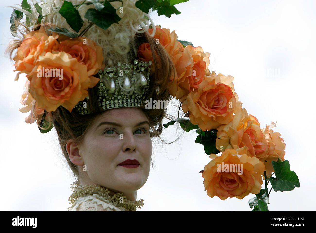 Laura Meakin wears an ornate hat on the third day of the Royal Ascot ...