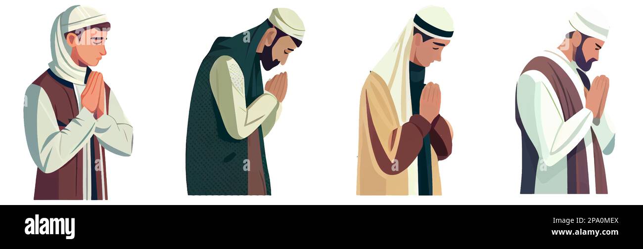 horisontal set vector illustration of arab man praying in traditional ...