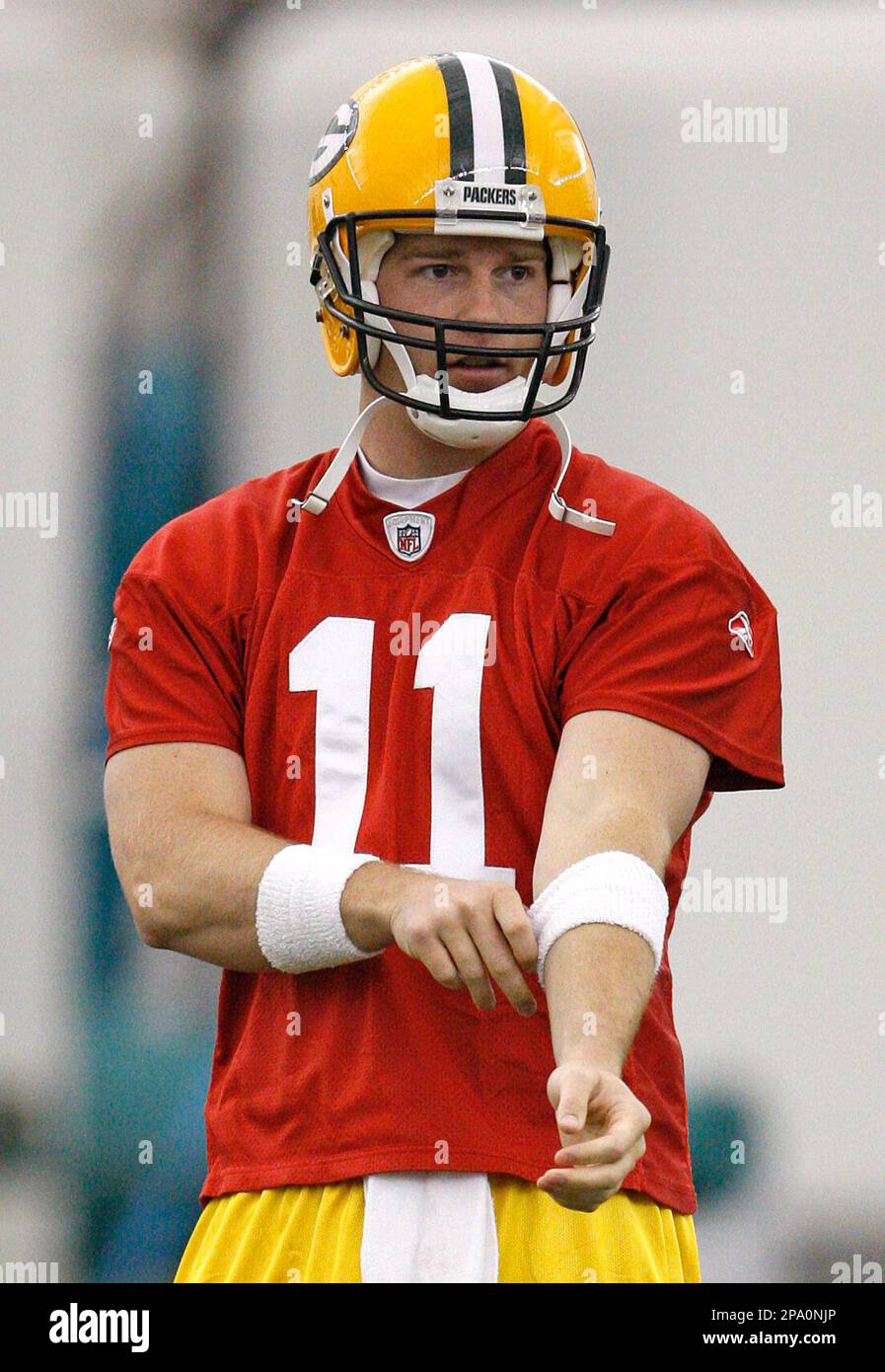 Green Bay Packer's quarterback Brian Brohm prepares for warm-ups during ...