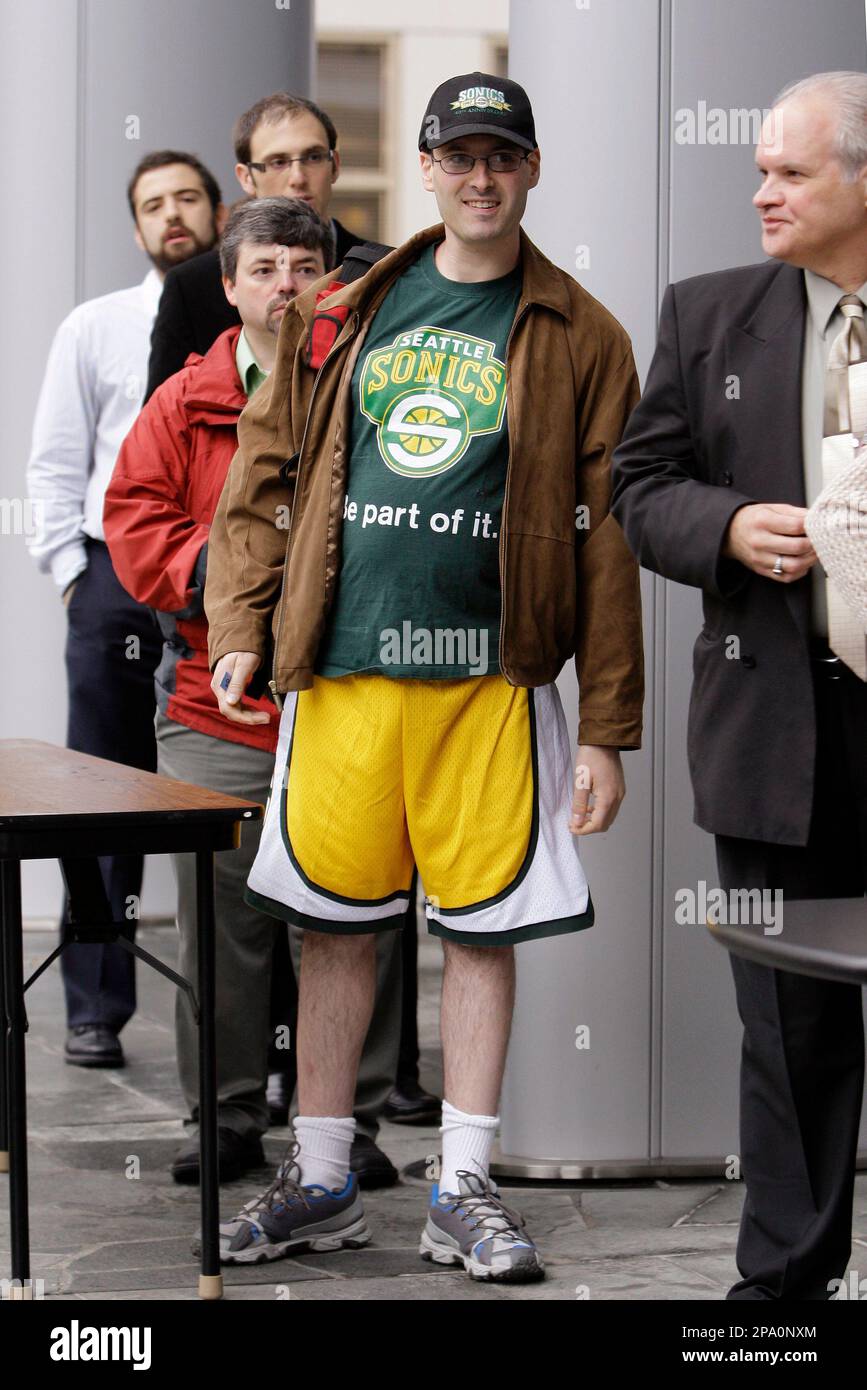 Seattle SuperSonics' fan Brent Kremen wears team-style shorts as he ...