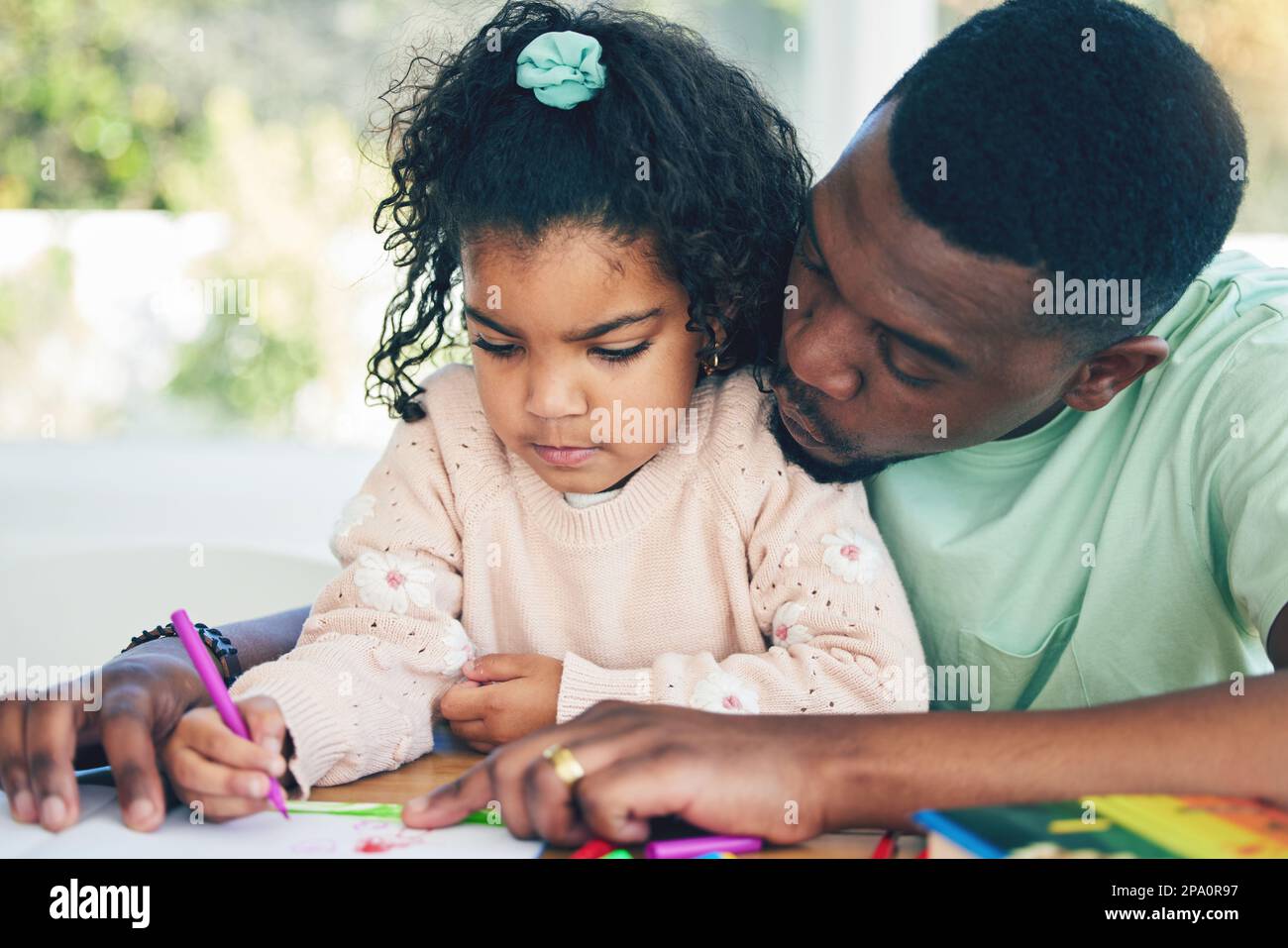 Learning, father or girl drawing for education in kindergarten with ...