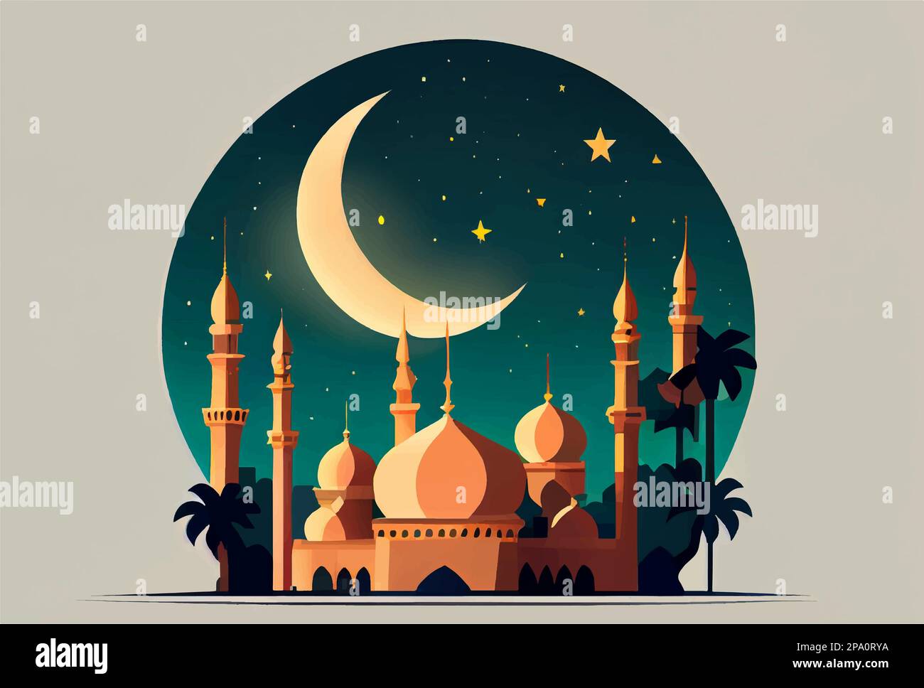 vector illustration of islamic style mosque and crescent at night Stock ...