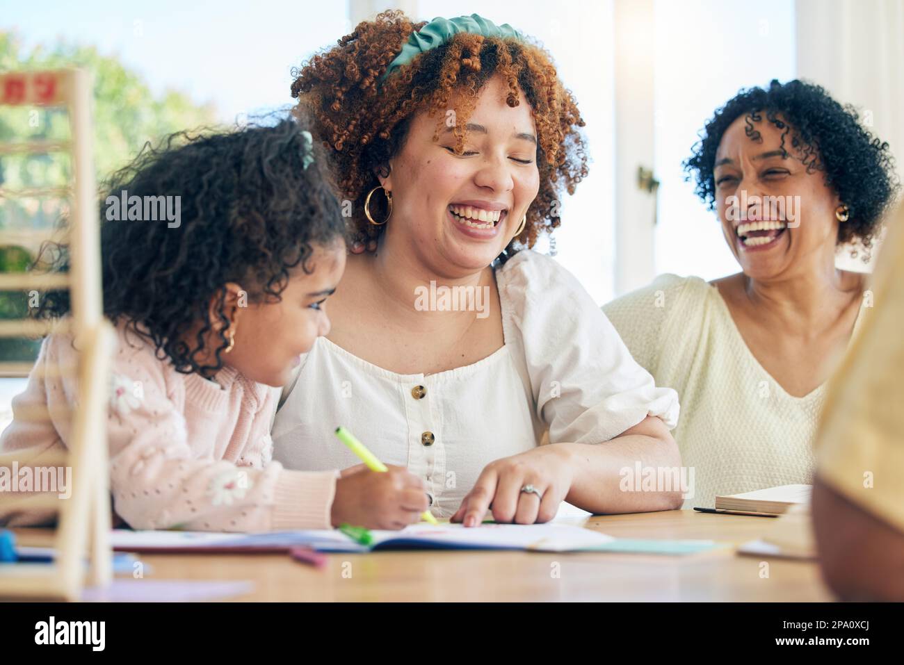 Learning, laughing and mother, grandmother and kid in home, helping ...