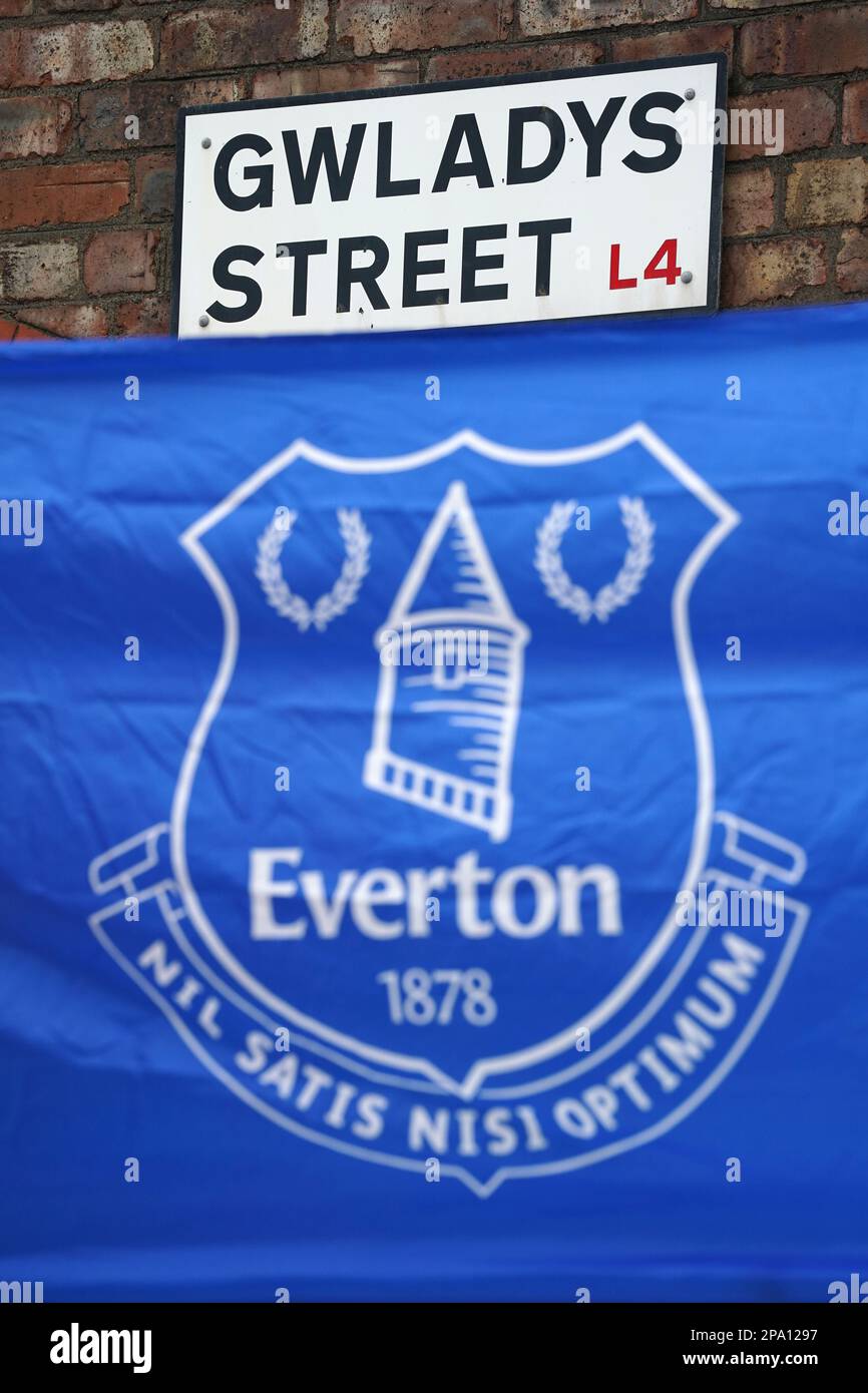 A general view of an Everton flag and a Gwladys Street sign in ...
