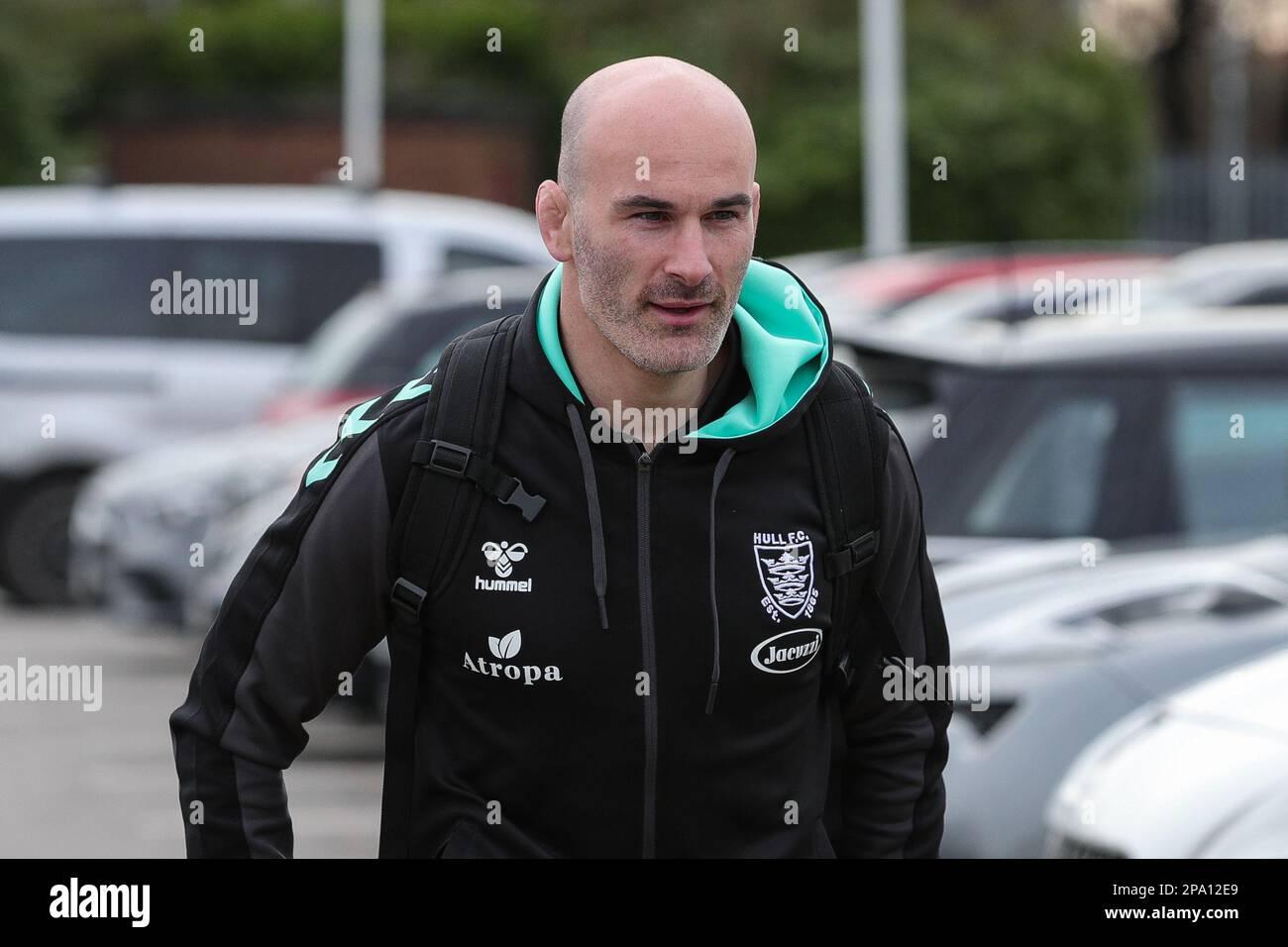 Danny Houghton #9 of Hull FC arrives at The MKM Stadium ahead of the ...