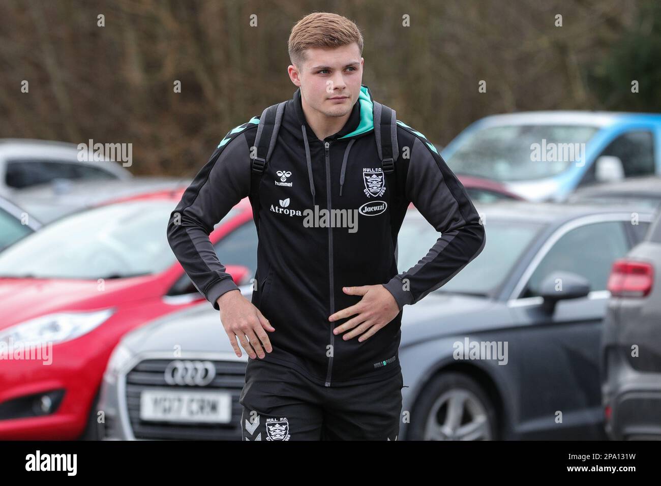 Cameron Scott #17 of Hull FC arrives at The MKM Stadium ahead of the ...