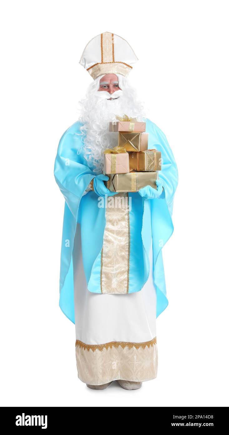 Full length portrait of Saint Nicholas with presents on white ...
