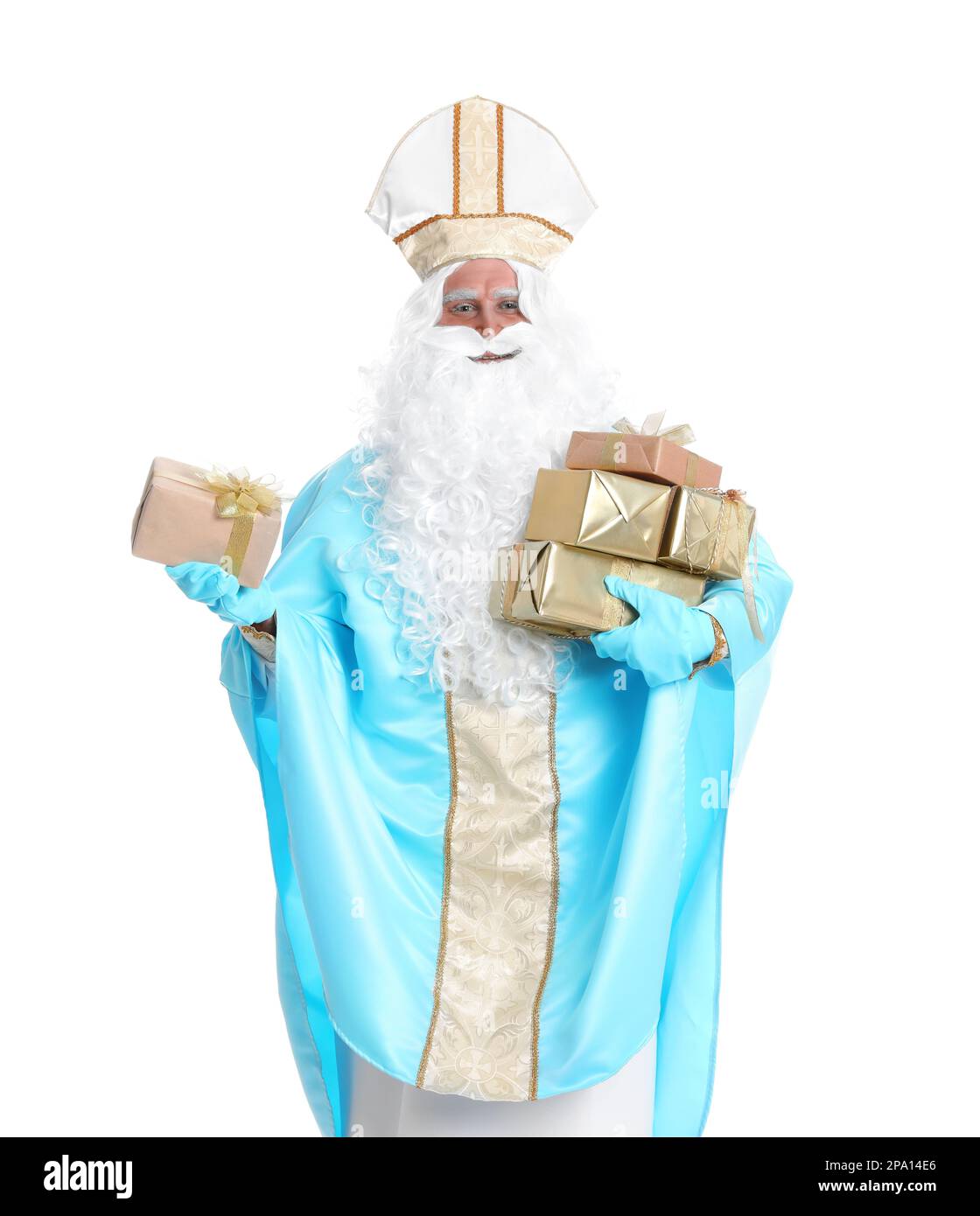 Portrait of Saint Nicholas with presents on white background Stock ...