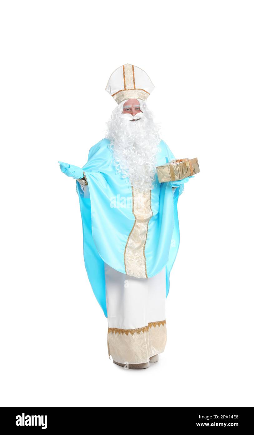 Full length portrait of Saint Nicholas with present on white background ...