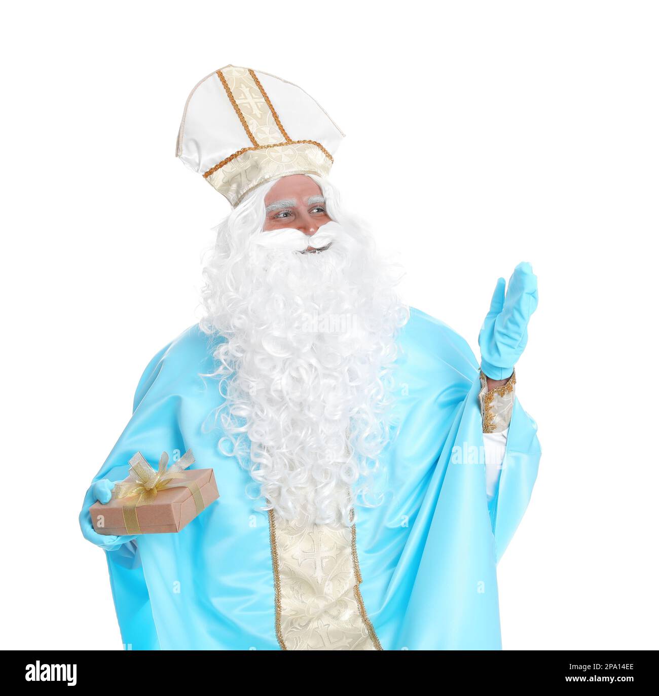 Portrait of Saint Nicholas with present on white background Stock Photo ...
