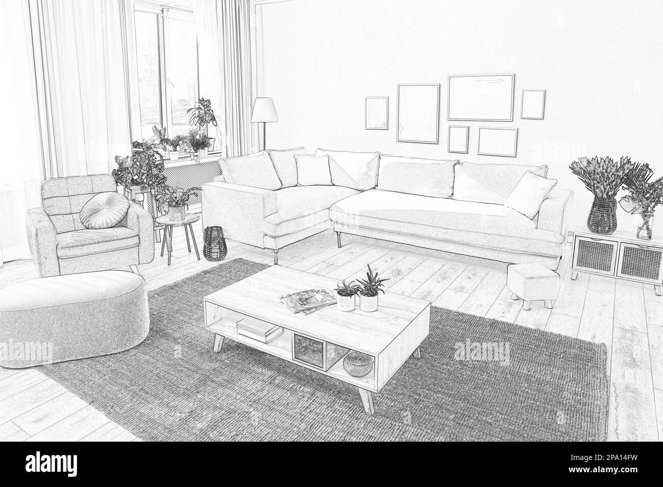 Sketch of living room interior with stylish furniture. Illustration ...